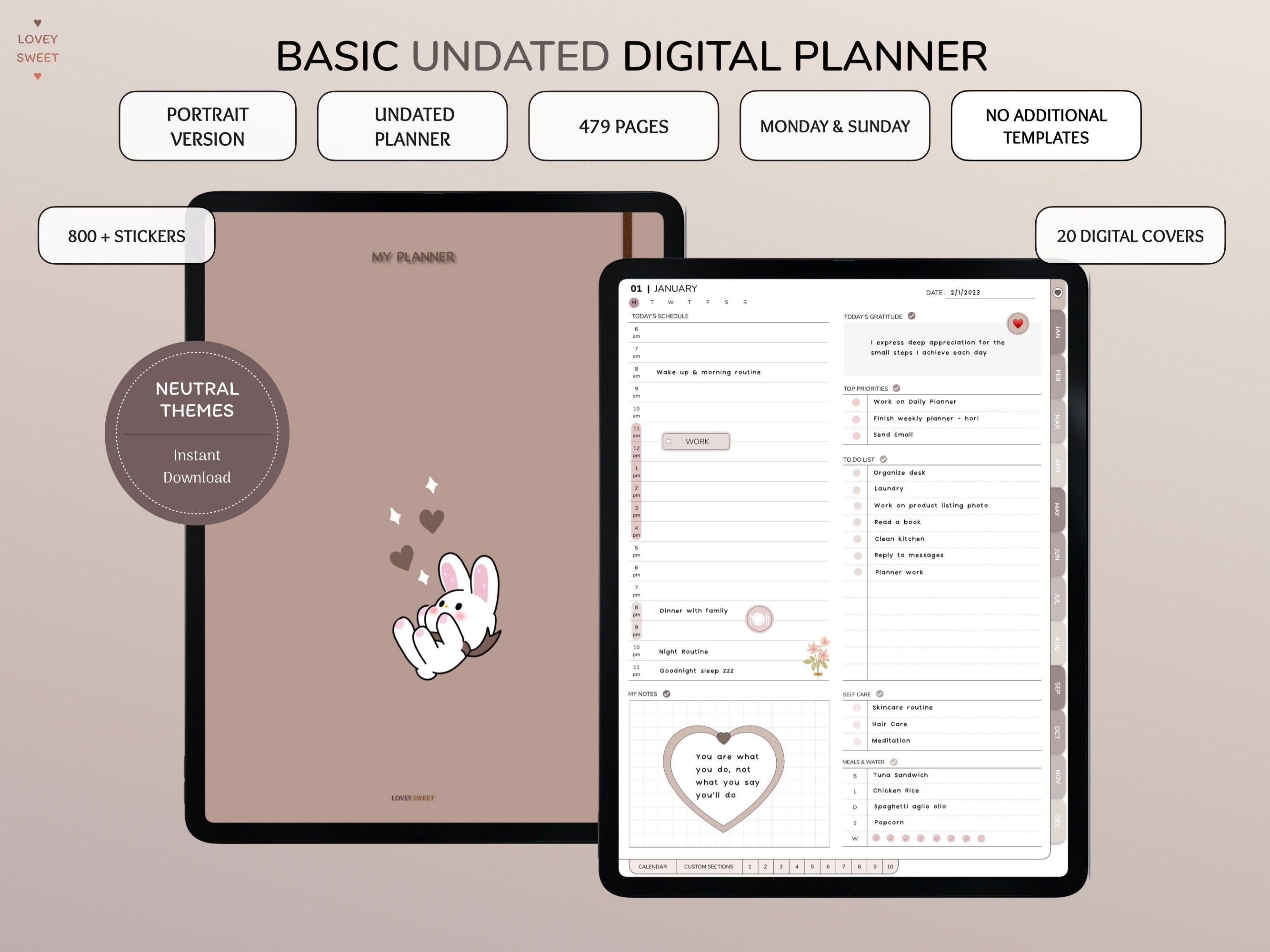 Basic Undated Digital Planner, Portrait Planner, iPad Planner, 365 Days Planner, Daily Schedule ...