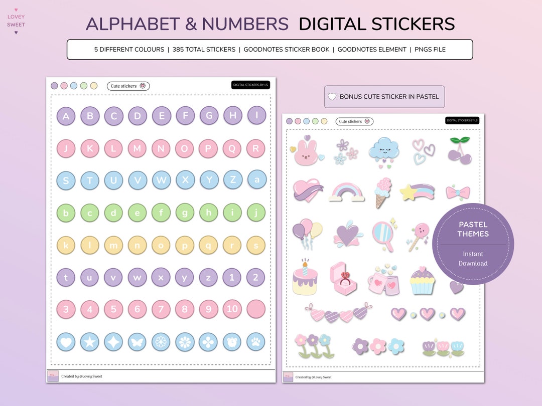 Alphabet and Numbers Digital Stickers, Cute Sticker in Pastel ...