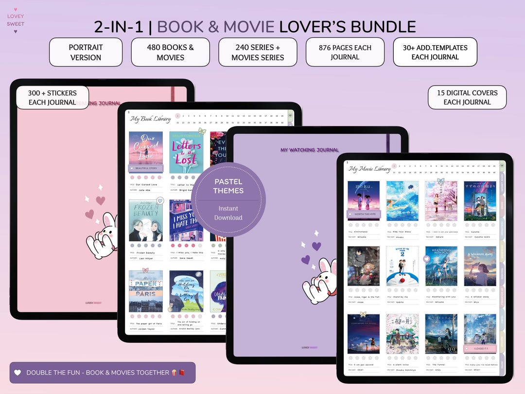 Reading & Movie Journal Bundle | Digital Planner | 480 Books and Movies ...