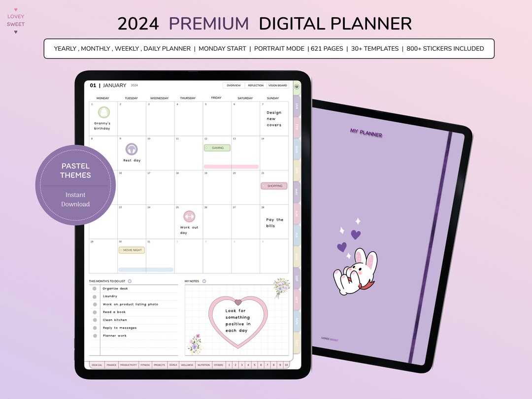 2024 Digital Planner Portrait, Digital Planner Pastel, iPad Planner ...