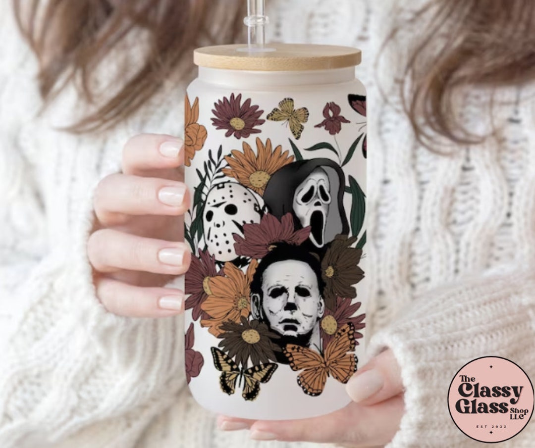 Floral Horror | 16oz Glass With Lid and Straw | Glass Can Halloween ...
