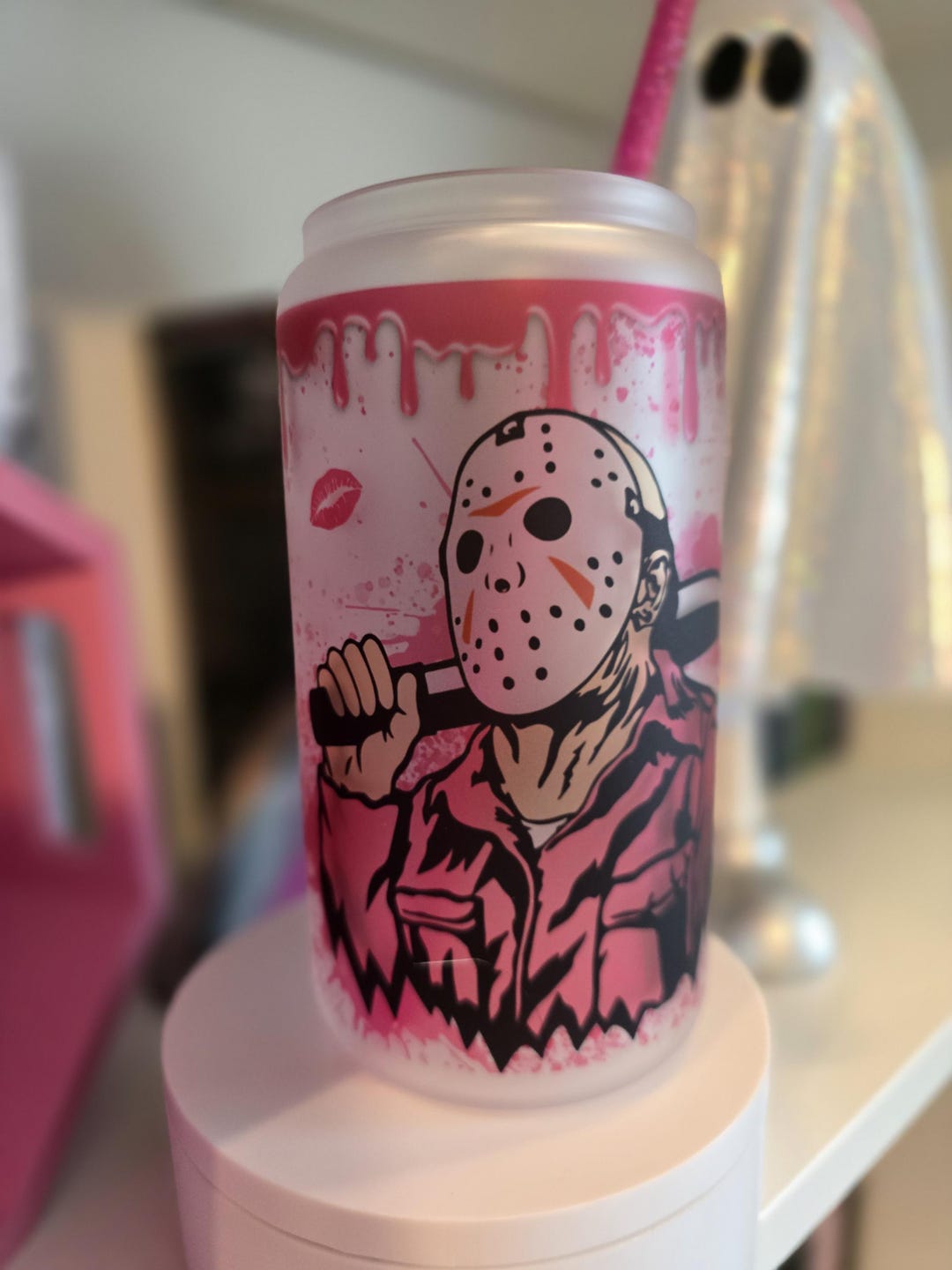Horror Beer Can Glass | 16oz Cold Cup With Bamboo Lid & Pink Straw - Etsy