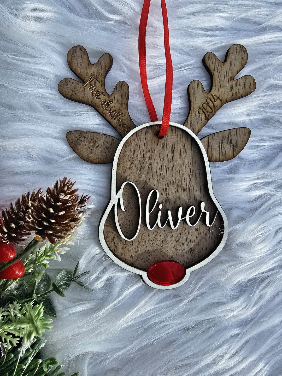 Personalized Engraved Wooden Reindeer Ornament | Baby's First Christmas ...