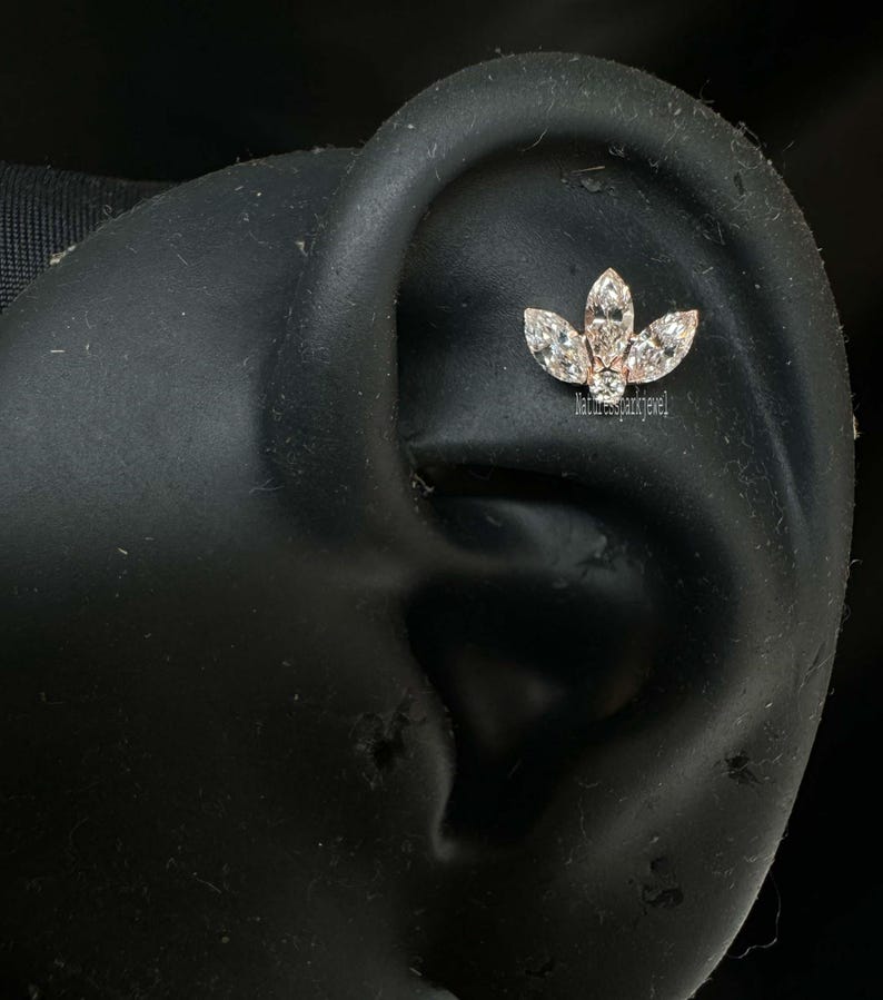 Invisible Set Diamond Lotus Stud Earring 14K Solid Gold Marquise Daith ...