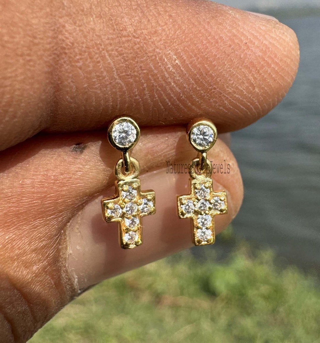 14K Solid Gold Diamond Cross Piercing for Conch, Genuine Diamond Cross ...