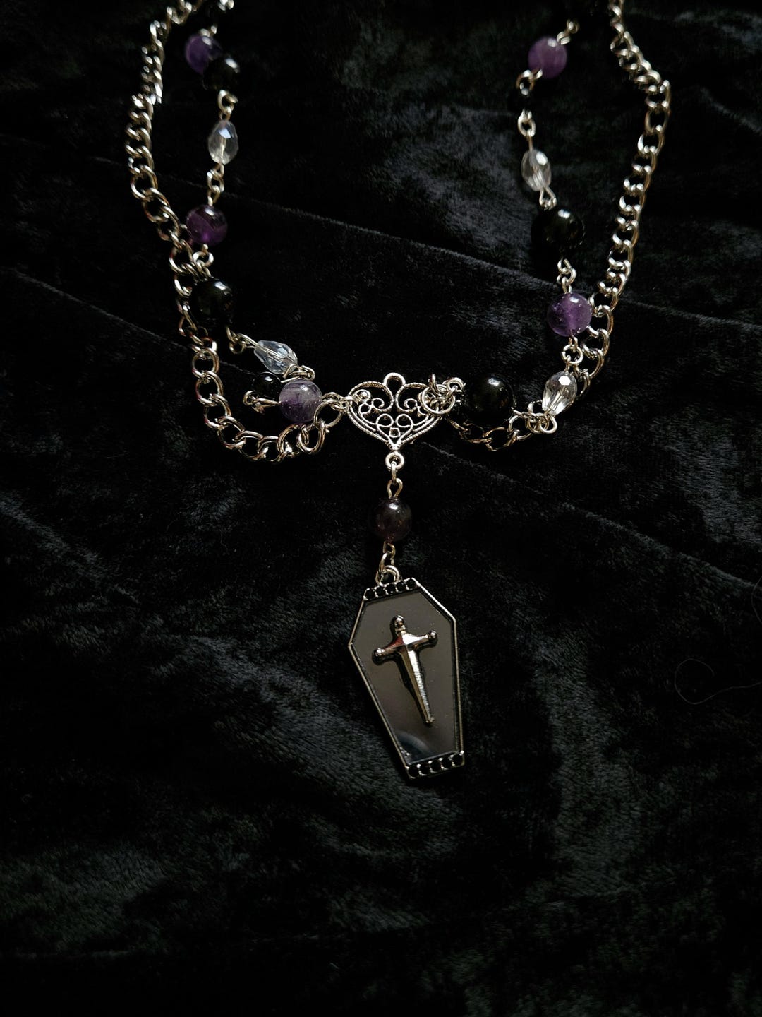 The Summoning- Coffin Cross Chain Amethyst Onyx Chain Necklace - Etsy