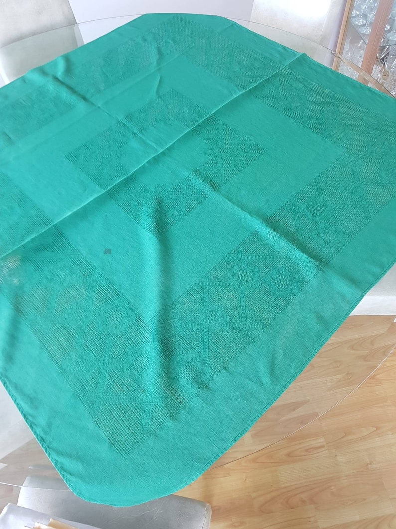 Vintage 1960s Flower Power Green Irish Linen Square Table Cloth - Etsy