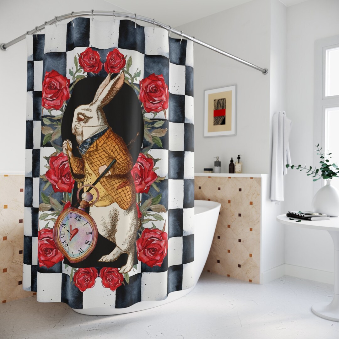 Vintage White Rabbit Shower Curtain Alice in Wonderland Shower Curtain ...