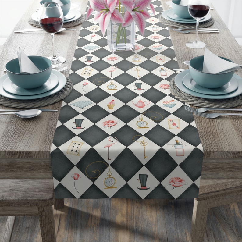 Alice's Tea Party Chequered Table Runner | Vintage Black & White Check ...