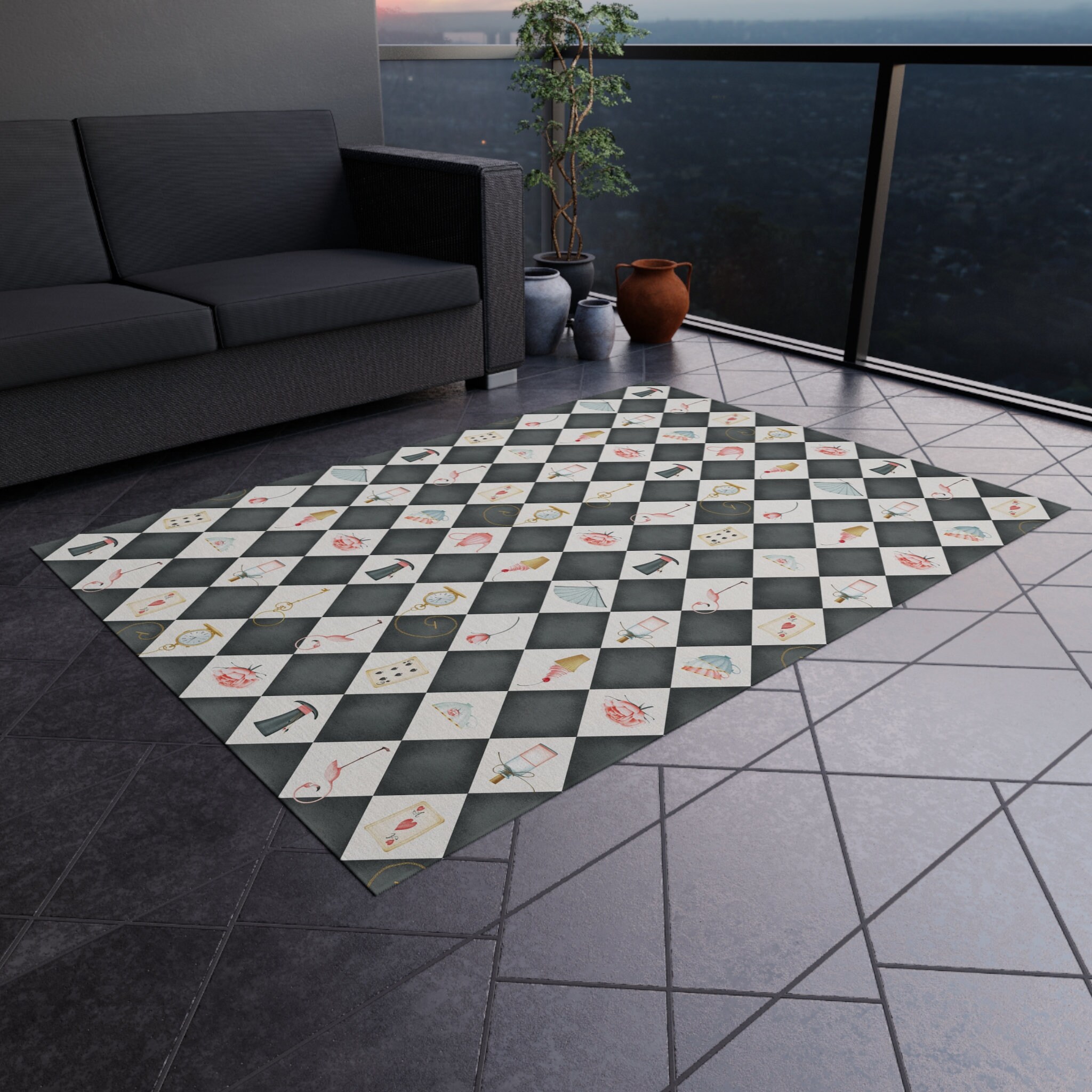 Alice's Tea Party Chequered Indoor/outdoor Rug Black & - Etsy