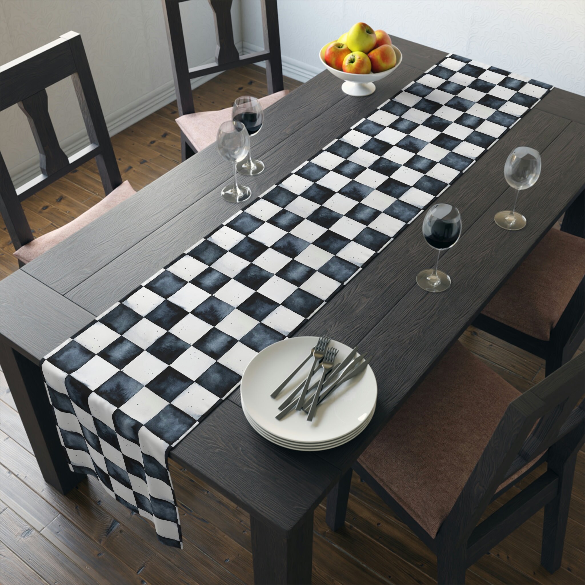 Vintage Cheque Table Runner | Chessboard | Checkerboard Pattern | Black ...