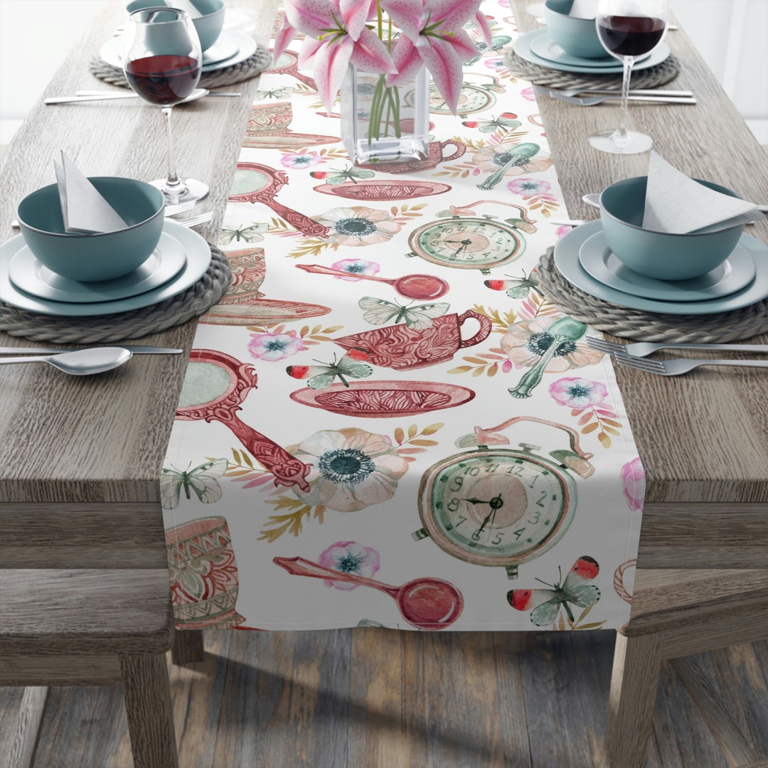 Tea Party Table Runner | Alice in Wonderland | Looking Glass | Tea Cup | Pink Floral | Spring ...
