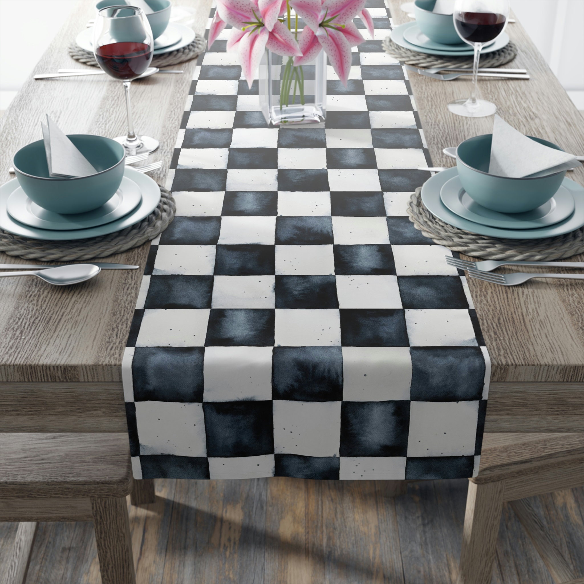 Vintage Cheque Table Runner Chessboard Checkerboard Pattern Black and ...