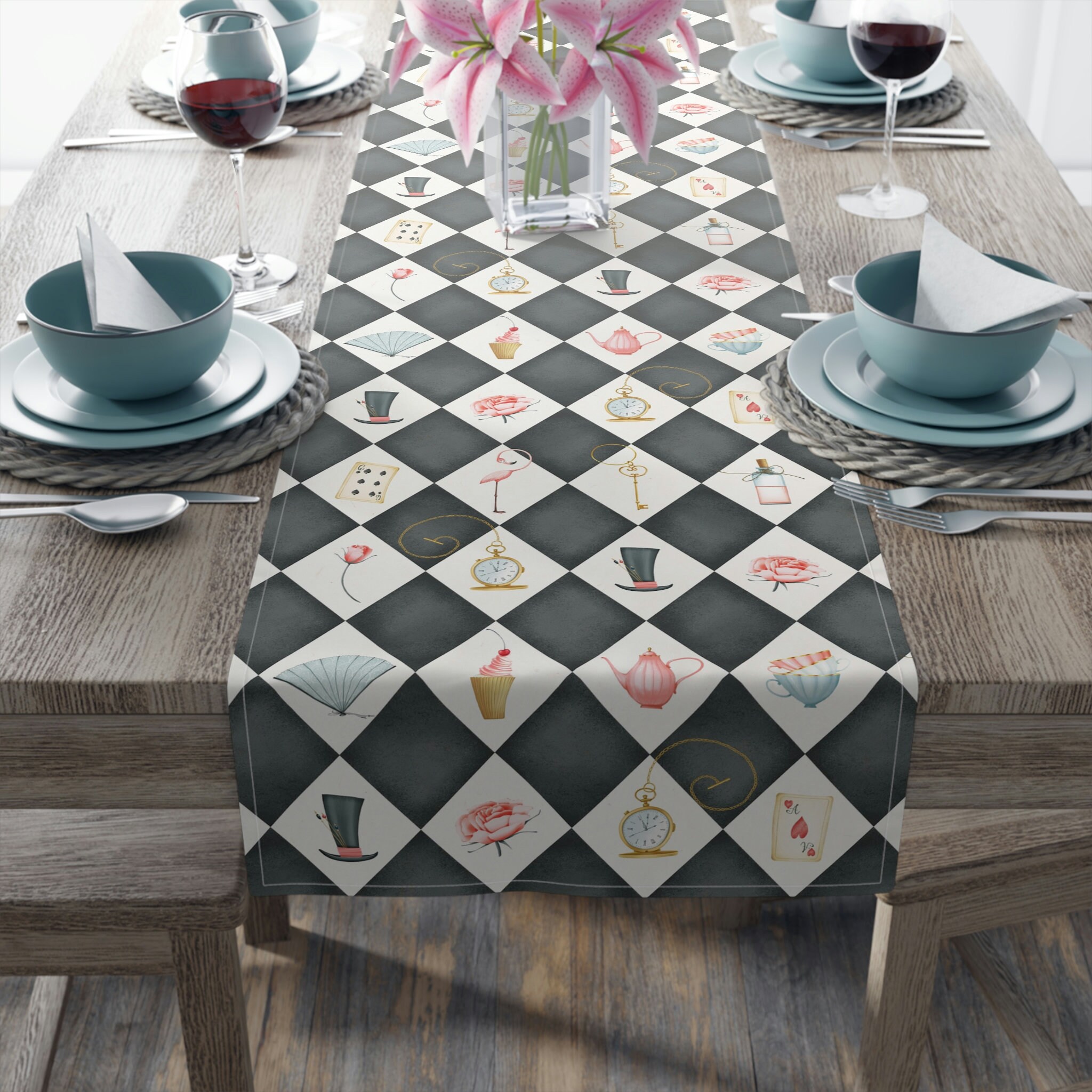 Alice's Tea Party Chequered Table Runner Black White - Etsy