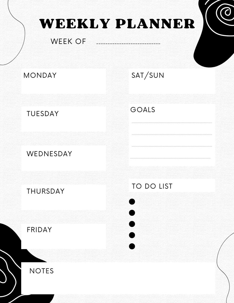Black and White Minimal Planner, Weekly Calendar, Minimalist, Digital ...