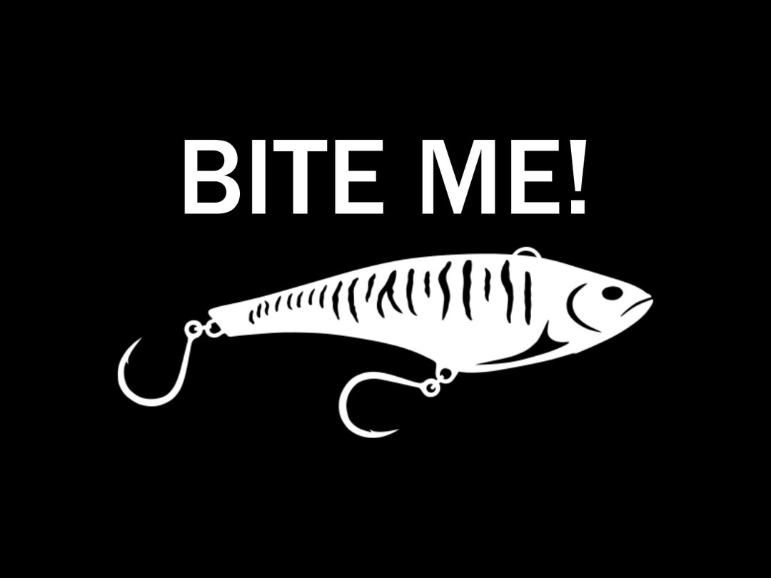 Bite Me! Lure Sticker, Detailed Silhouette, White Vinyl Decal, Fishing ...