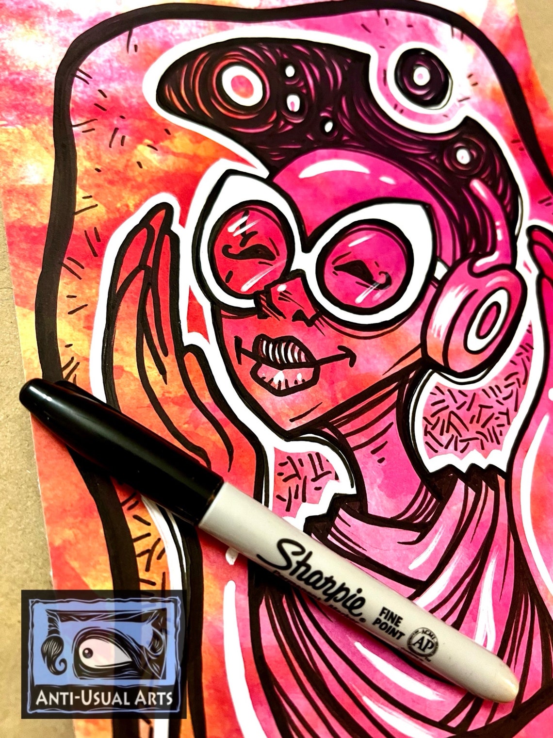 Original Psychedelic Ink Drawing. Woman Listening to Trippy Music in ...