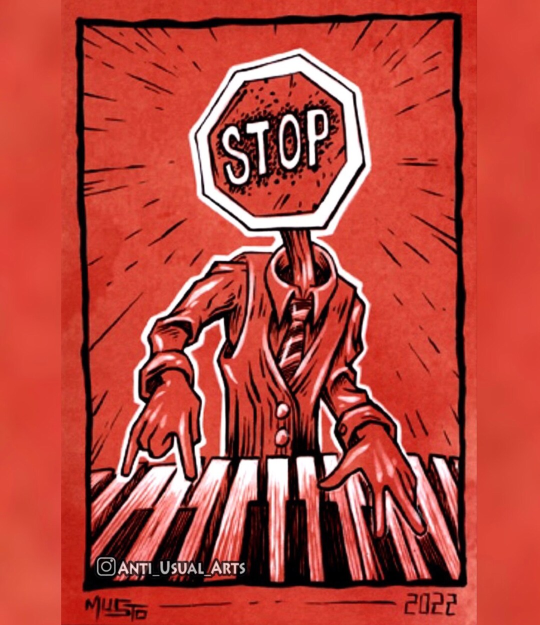 Surreal Jazz Art. Stop Sign Dude Playing a Piano / Keyboard. Original ...