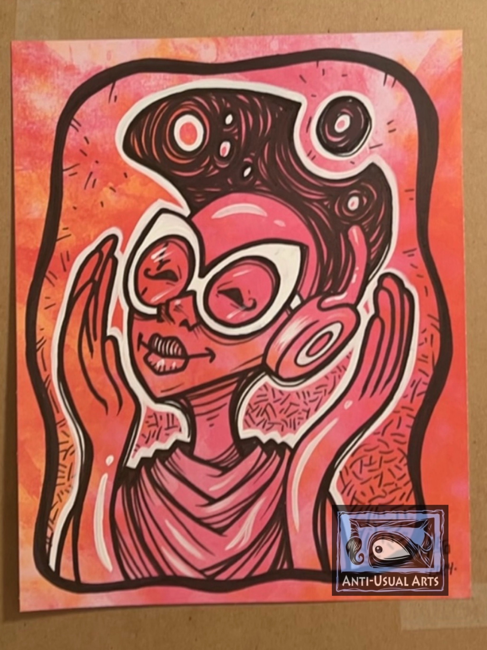 Original Psychedelic Ink Drawing. Woman Listening to Trippy Music in ...