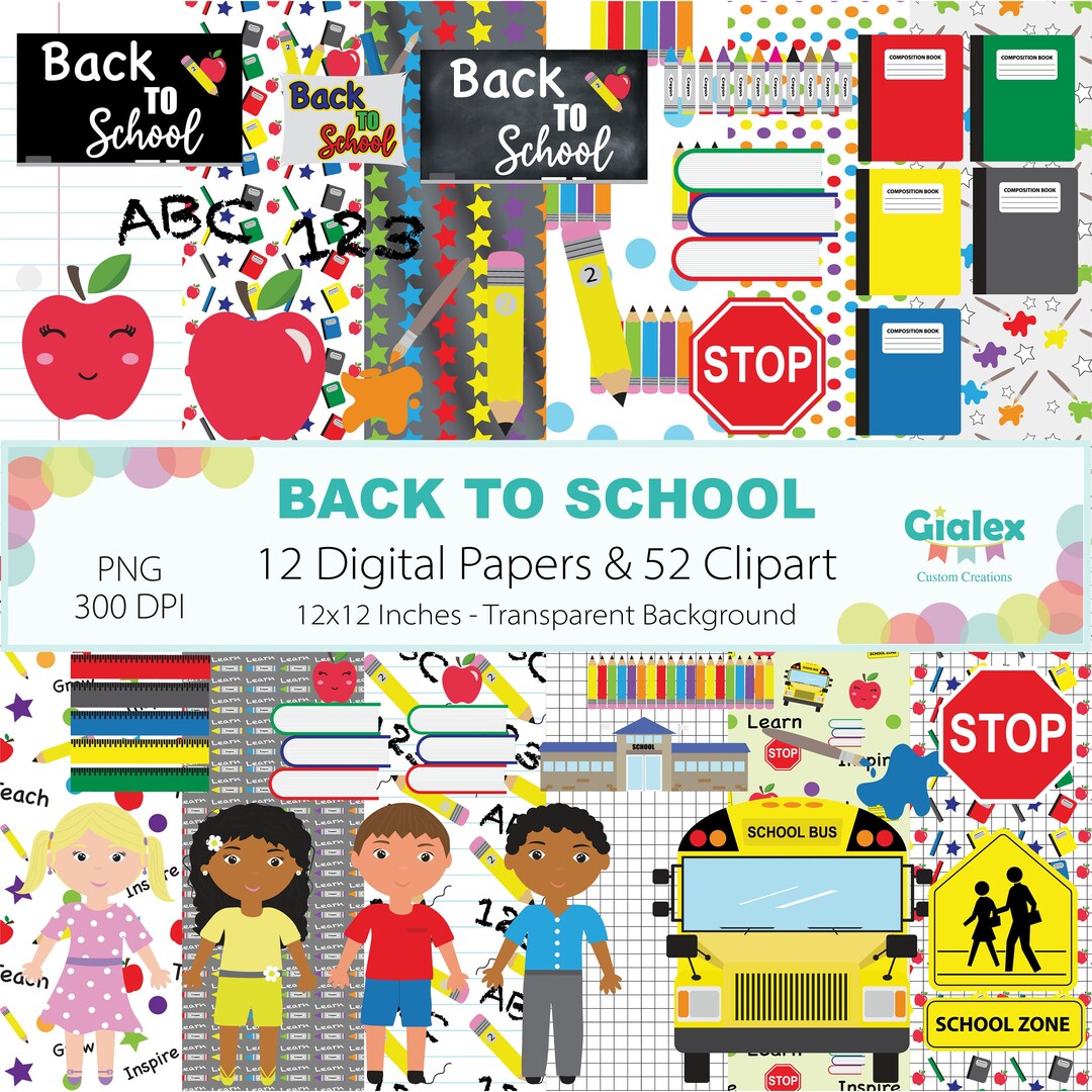 Back to School Clipart & Digital Paper Pack, Back to School PNG, Back ...