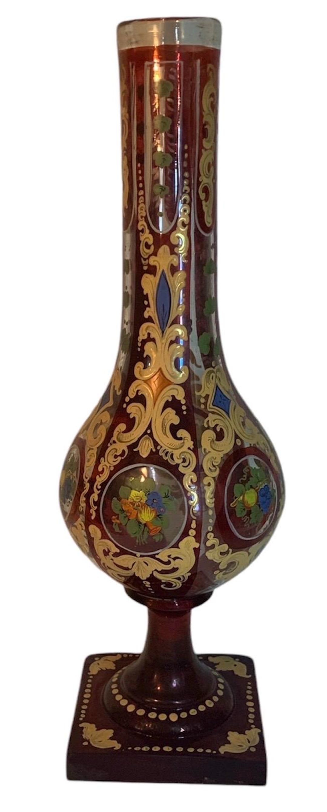 Large Bohemian Moser Harrach Enameled Ruby and Clear Persian Style Vase ...