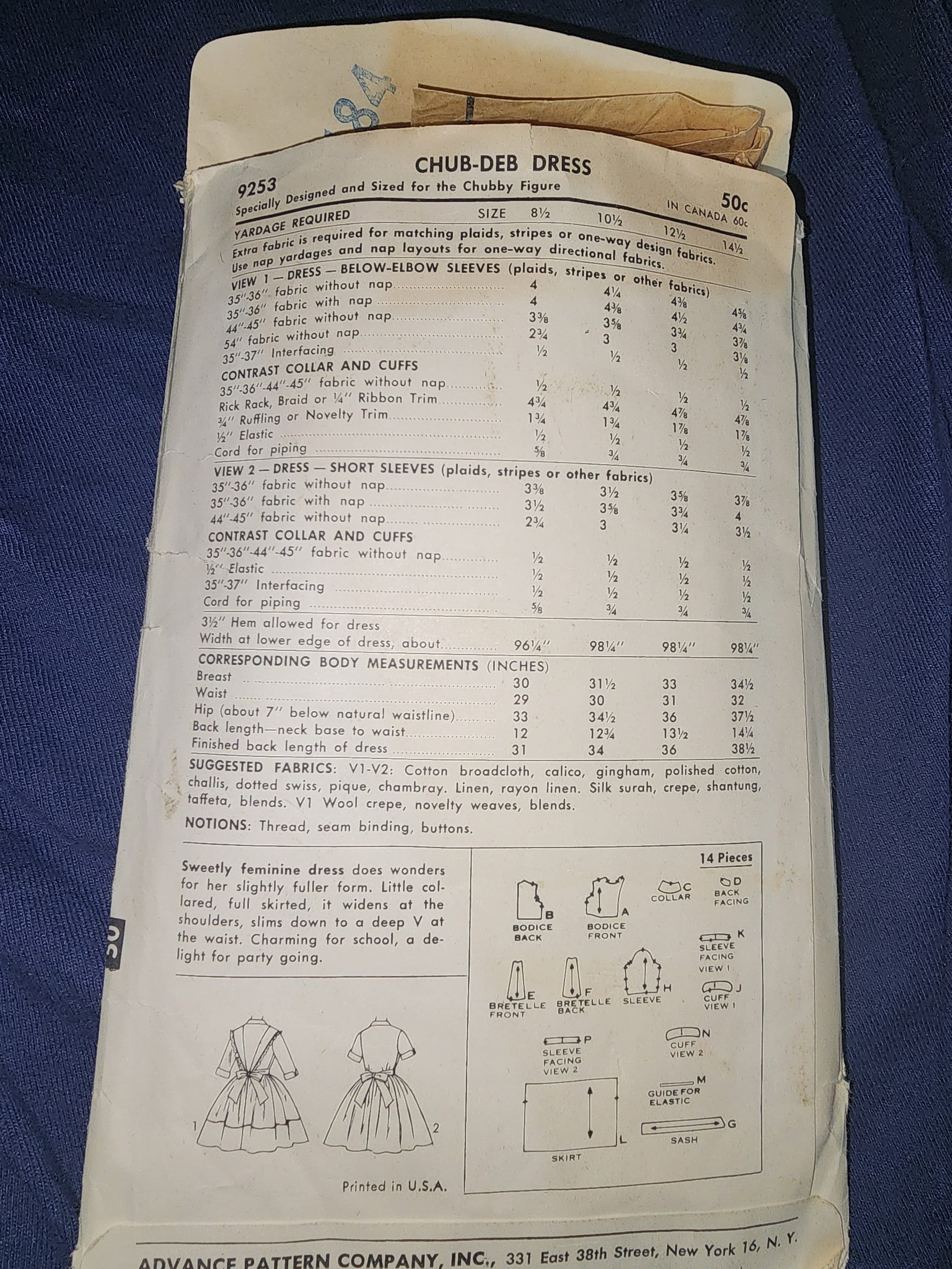 1950s Advance Chub Deb Dress Pattern 9253 - Etsy