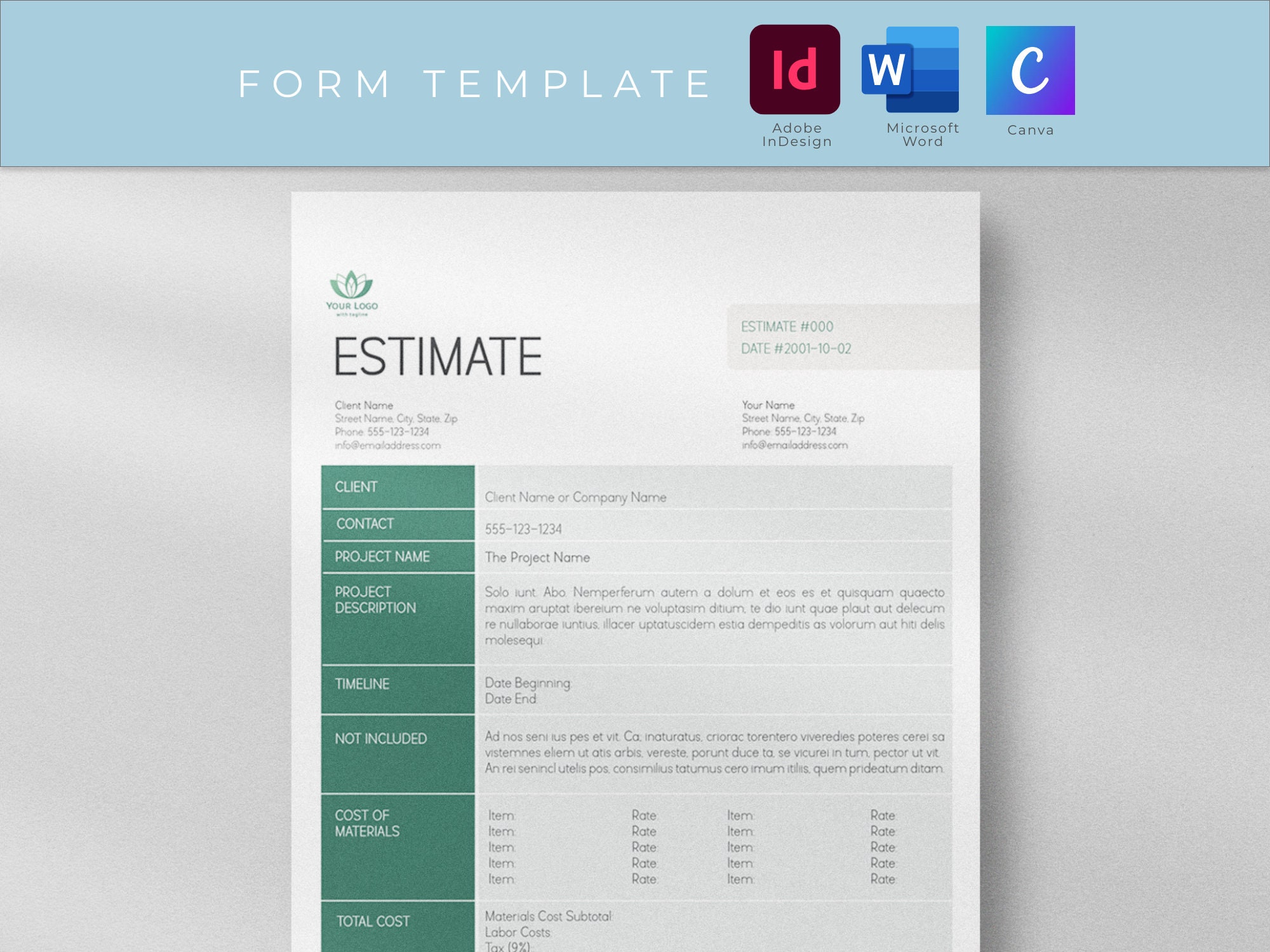 Editable Job Estimate Template: MS Word, Indesign, Canva (US Letter) - Etsy