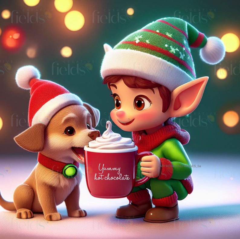 Elf and Puppy Christmas Clipart | Holiday Illustration (PNG) - Etsy