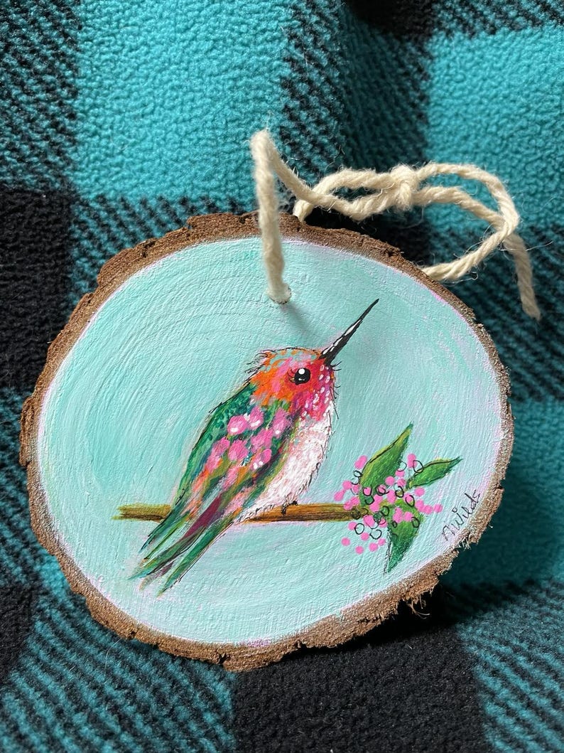 Hummingbird Colorfully HAND PAINTED on a Wood Slice Christmas Ornament ...