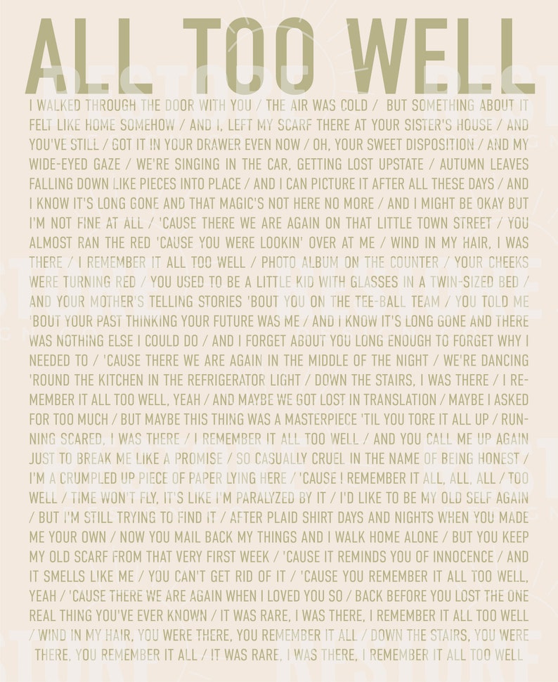 All Too Well Taylor Swift Lyric Poster, Printable, Home Decor, Digital ...