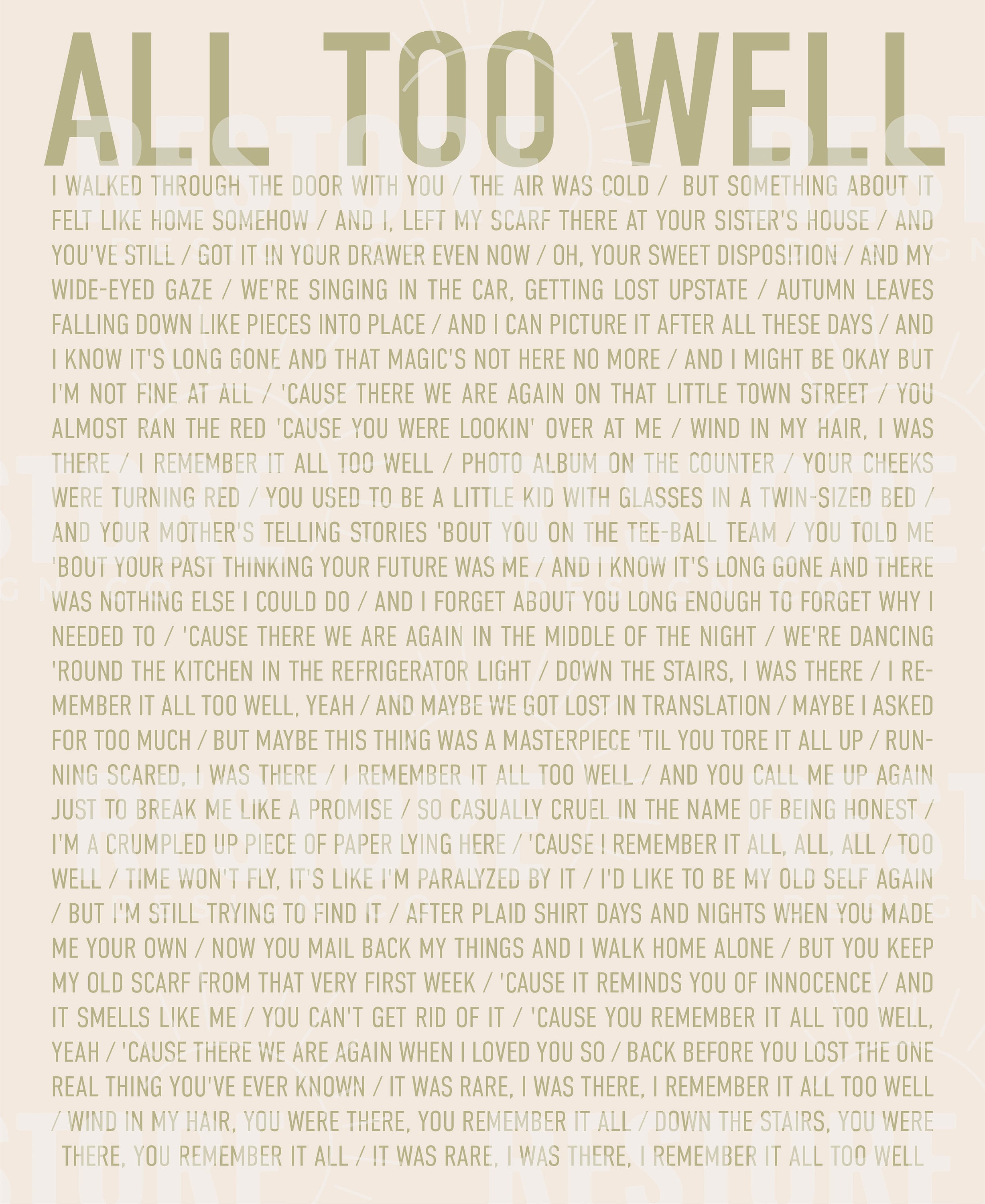 All Too Well Taylor Swift Lyric Poster, Printable, Home Decor, Digital ...