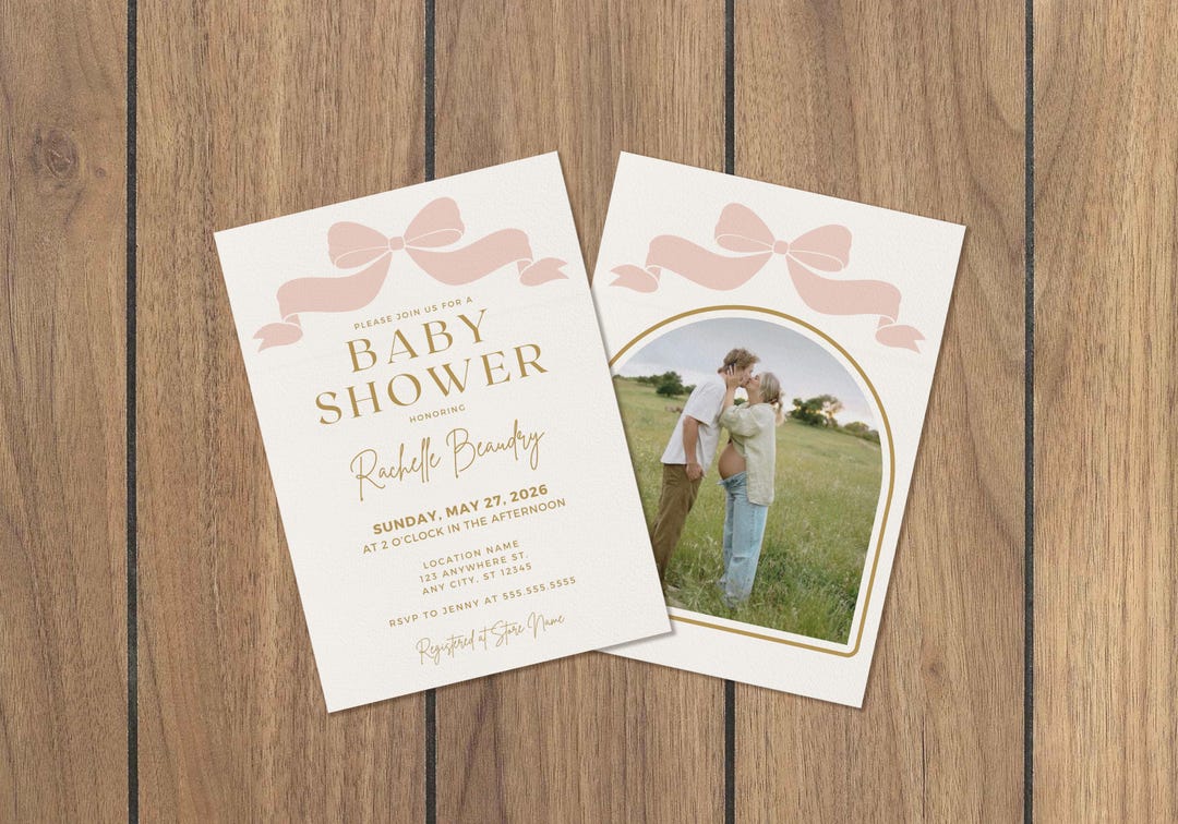 Pink Bow Invitation for Baby Shower, Baby Shower Pink Ribbon, Blush ...