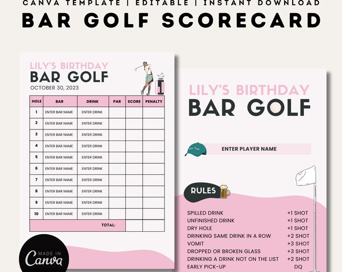 Bar Golf Crawl Scorecard Editable Canva Templates Printable Bar Golf ...