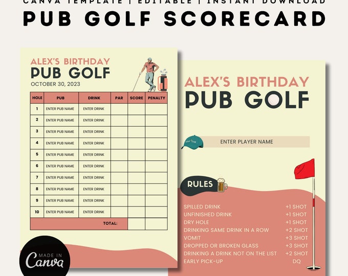 Pub Golf Crawl Scorecard Editable Canva Template Printable Bar Golf ...