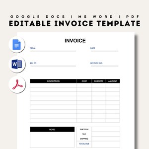 Editable Blank Invoice Template, Google Docs, Word, PDF, Printable ...