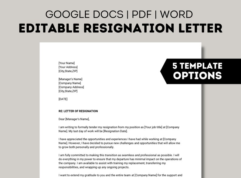Professional Resignation Letter Template, Editable Two Week Notice ...