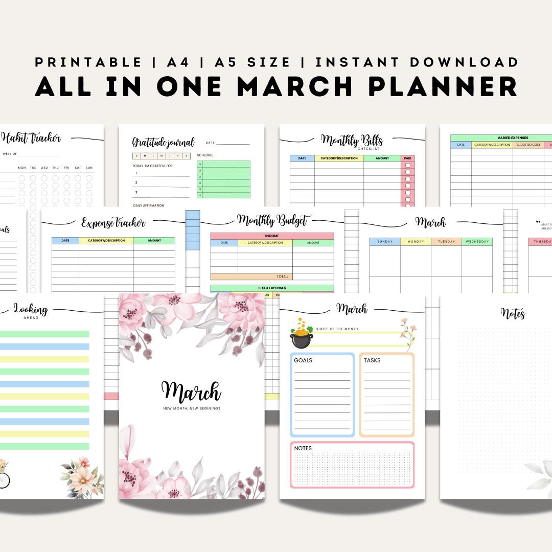 March Journal Bundle | Printable Planner Pages | Pastel Colored Cover ...
