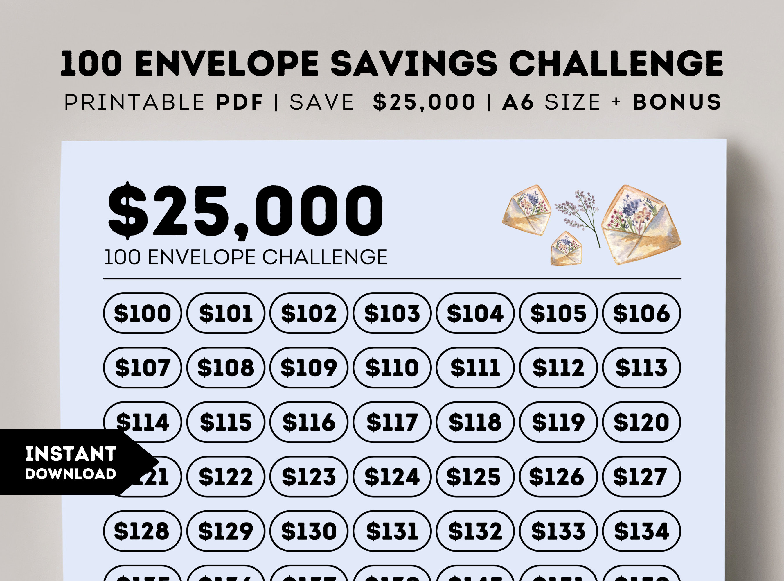 100 Envelope 25K Savings Challenge, Printable A6 25000 Saving Challenge ...