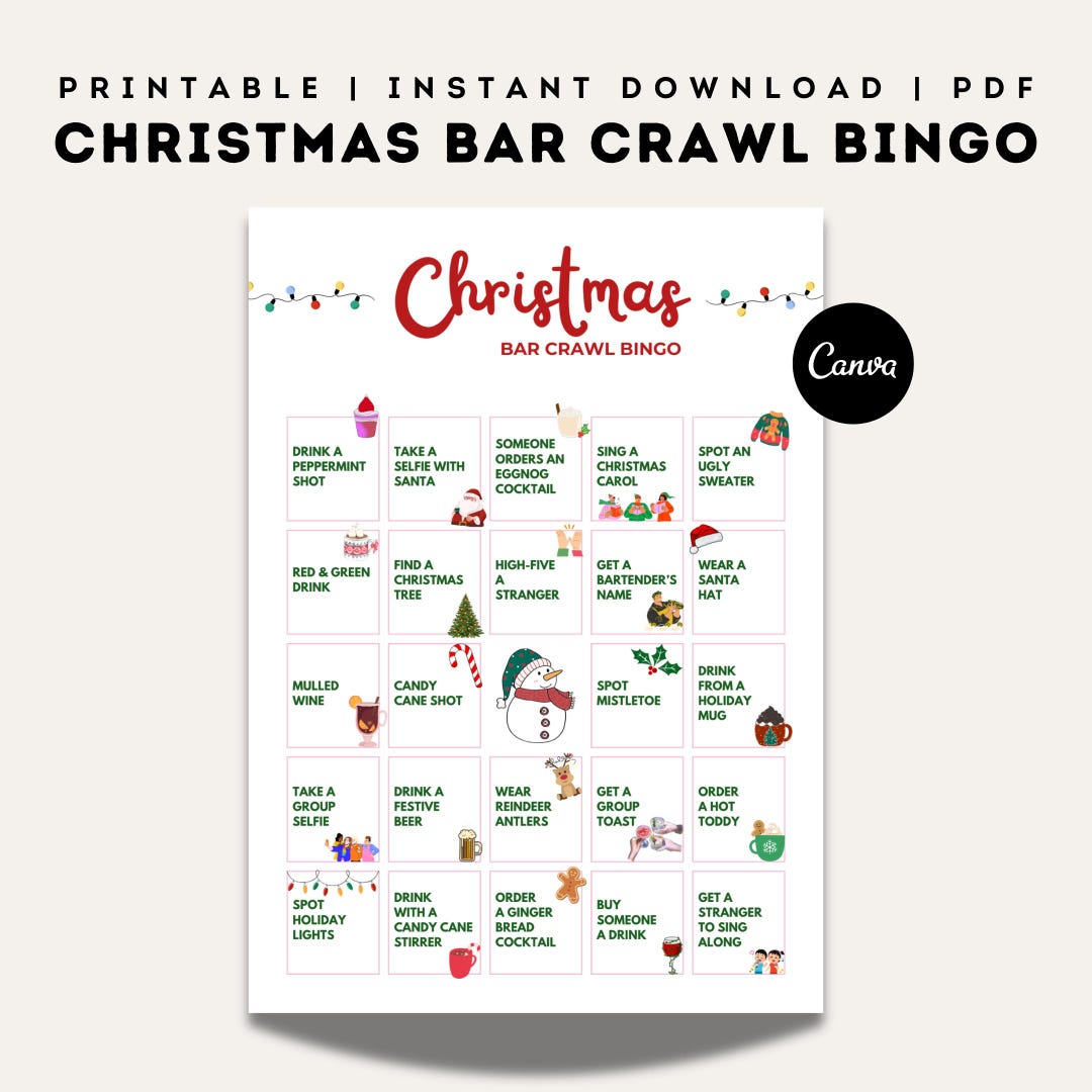 Christmas Bar Crawl Bingo: Editable Drinking Game (canva Template) - Etsy