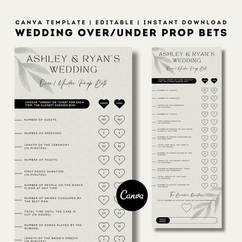 Wedding Over/under Prop Bets | Editable Canva Template | Printable Fun ...