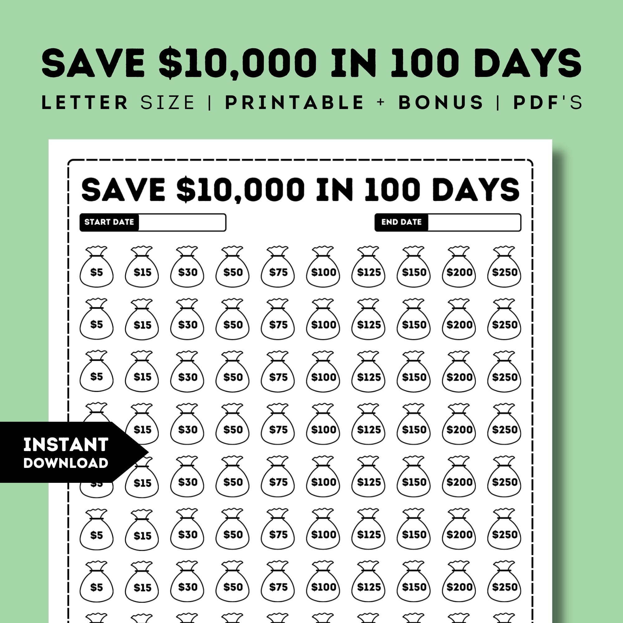 10K in 100 Days Savings Challenge, Printable 10000 Savings Challenge, 100 Envelope Saving Chart ...