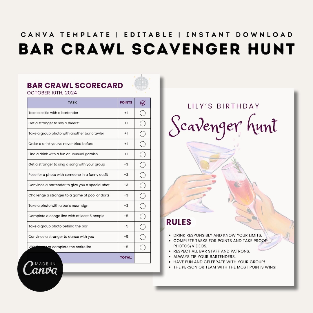 Bar Crawl Scavenger Hunt | Editable Canva Template | Drinking Game ...