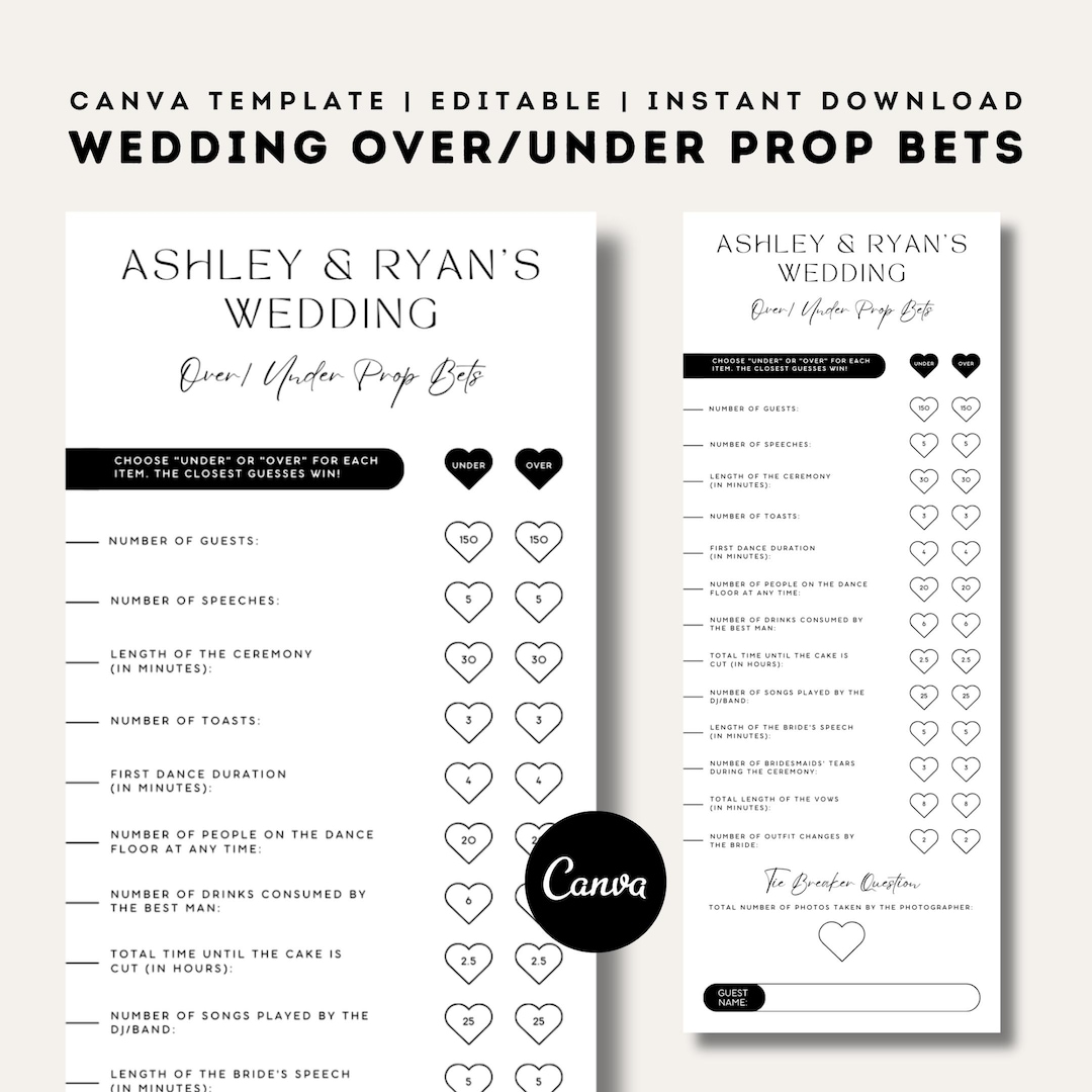 Wedding Prop Bets | Over Under Betting Cards | Cocktail Hour Games for ...