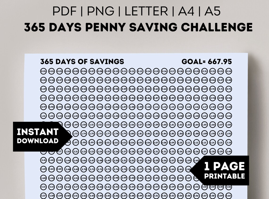 365 Days Penny Savings Challenge Printable Daily Penny Saving - Etsy