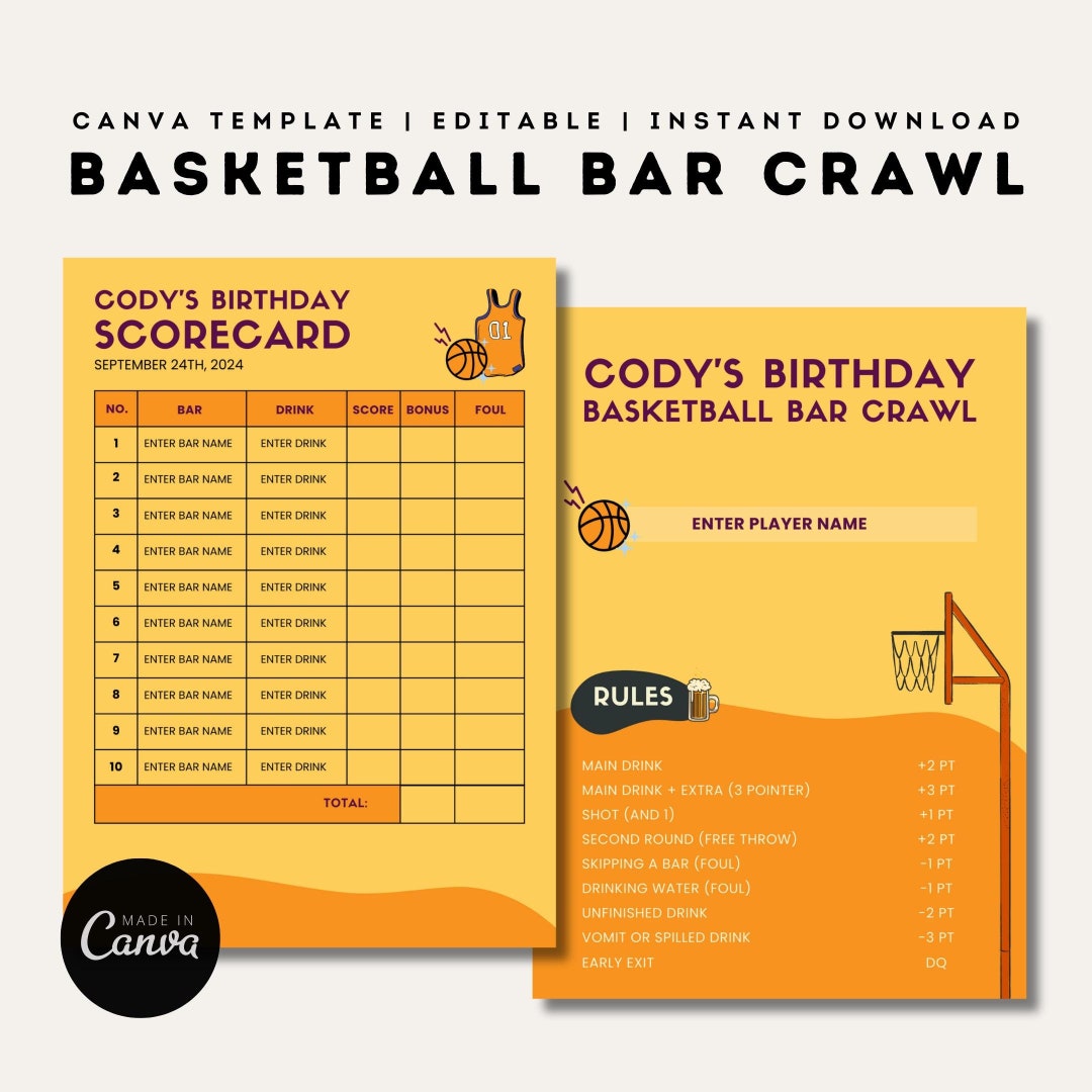 Basketball Bar Crawl Scorecard: Editable Birthday Party Game (canva ...