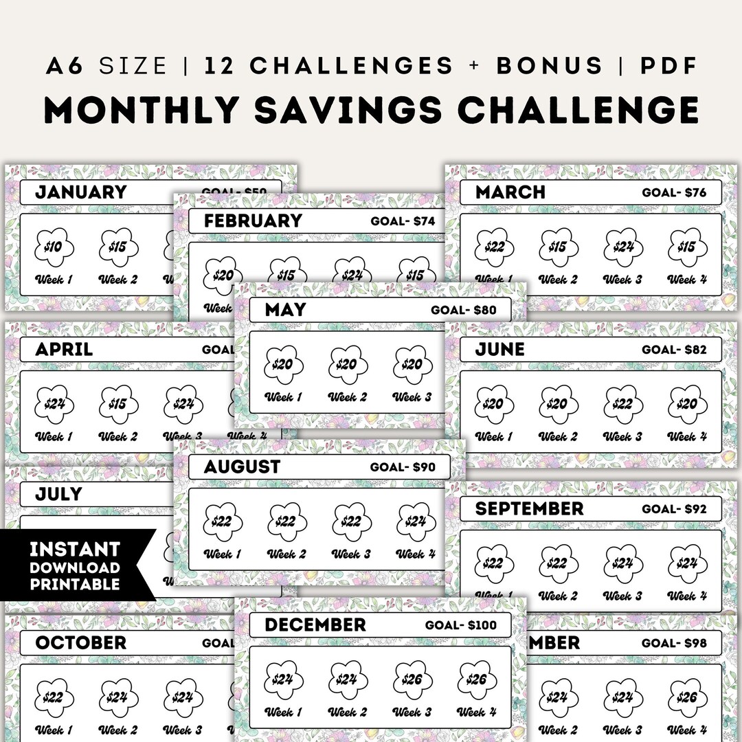 Monthly Savings Challenge, Printable 12 Month Saving Challenges, Low ...