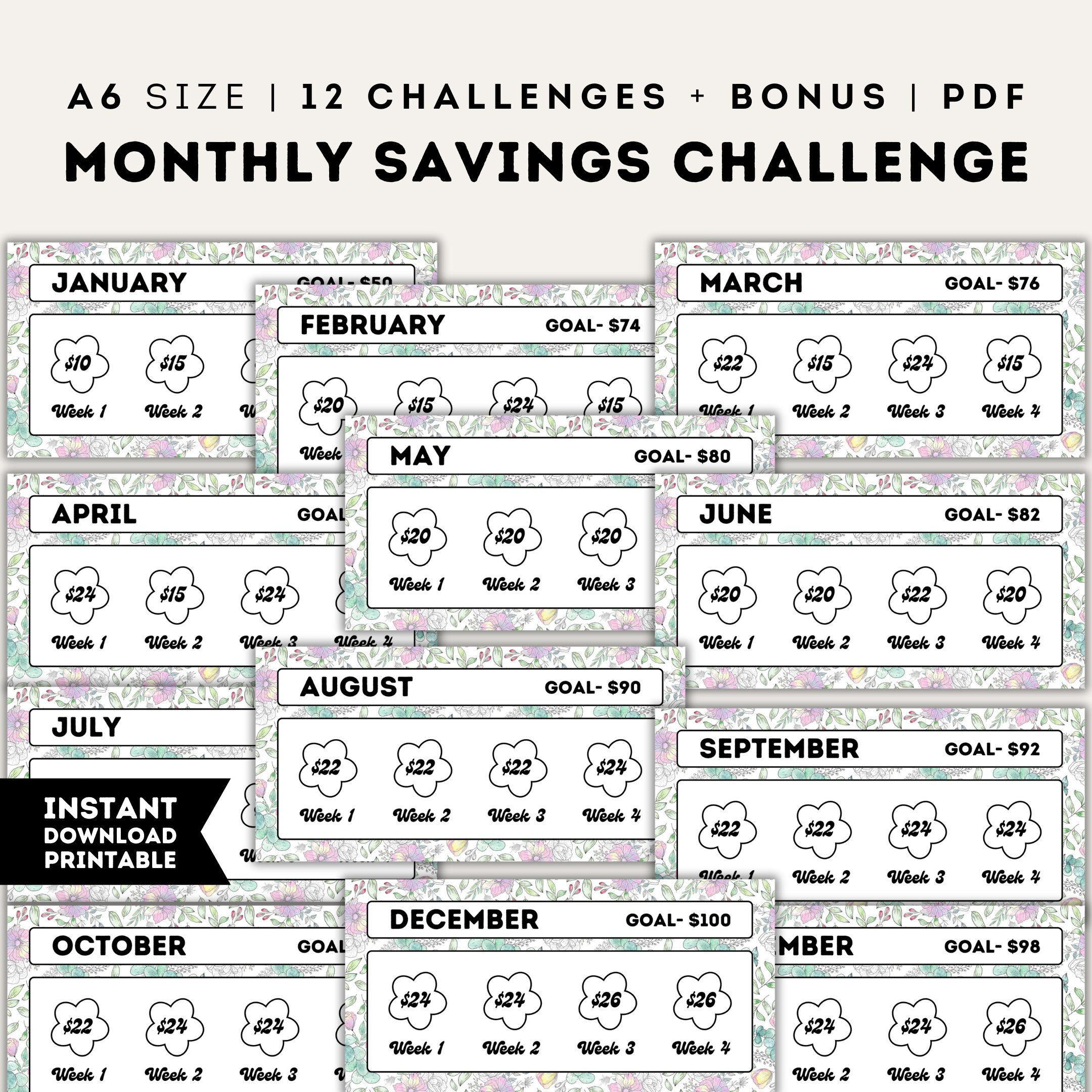 Monthly Savings Challenge Printable 12 Month Saving - Etsy
