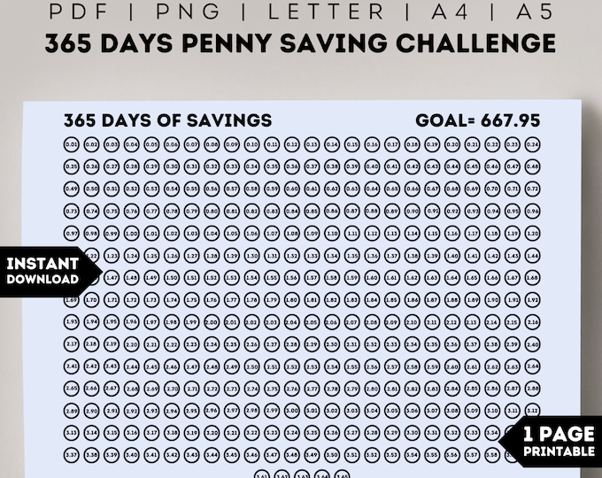 365 Days Penny Savings Challenge, Printable Daily Penny Saving Tracker ...