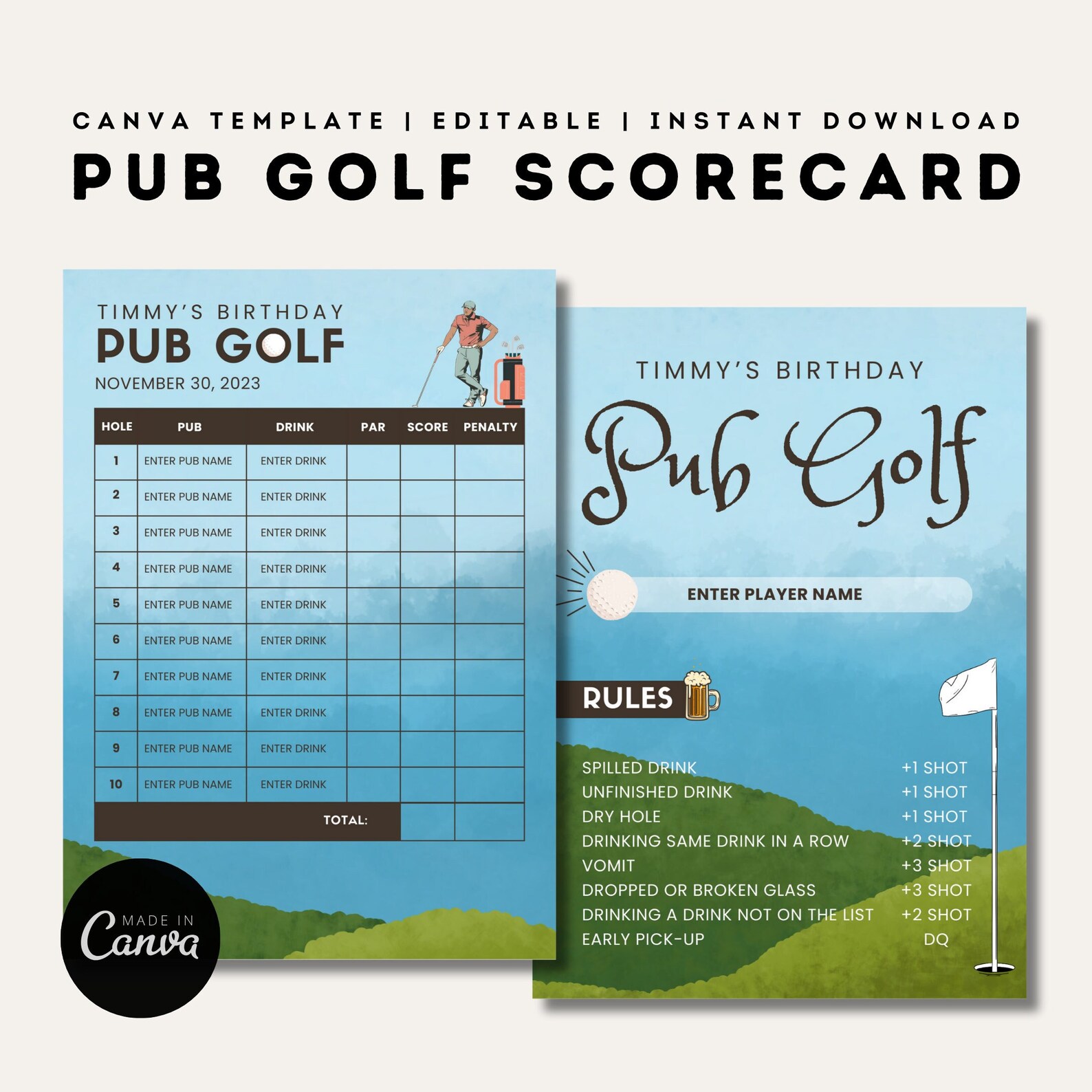 Pub Golf Crawl Scorecard Editable Canva Template Printable Pub Golf ...
