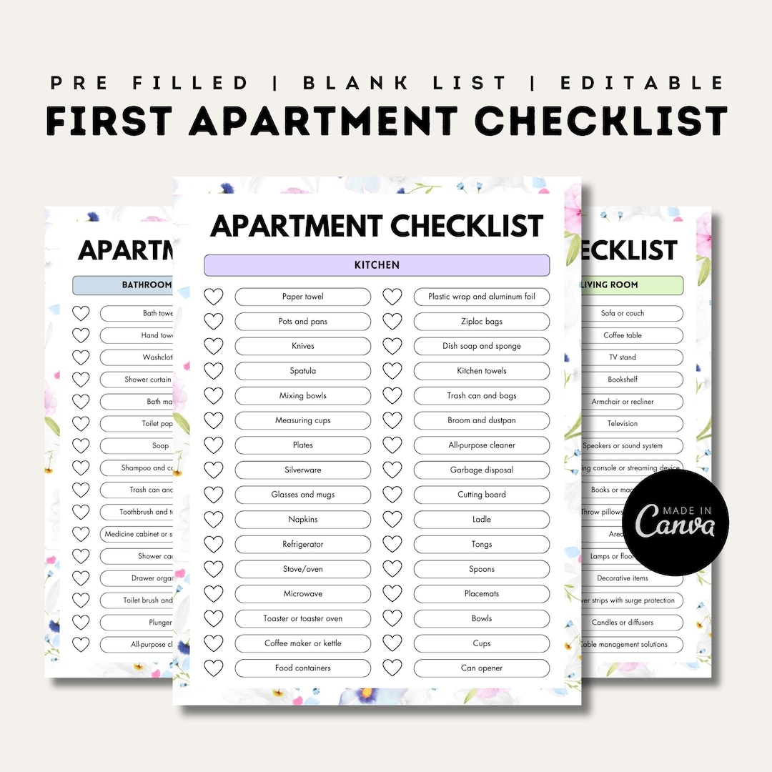 First Apartment Checklist | Editable Canva Templates | Printable New ...
